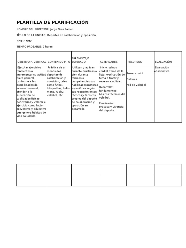 Plantilla de Planificacion Voley