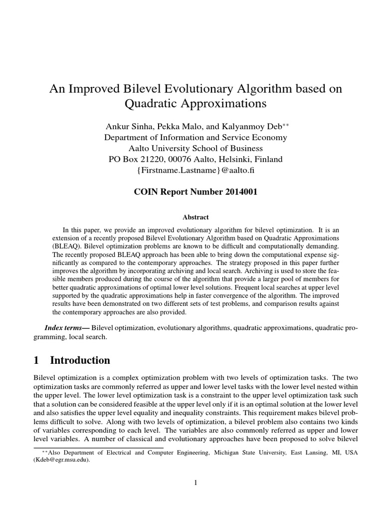 An Improved Bilevel Evolutionary Algorithm Based On Quadratic Approximations | PDF ...