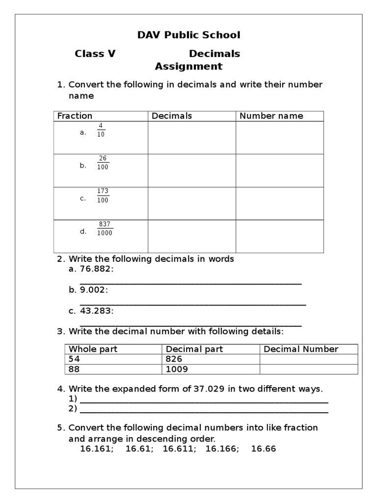 Decimals Assignment, Class 5 | PDF