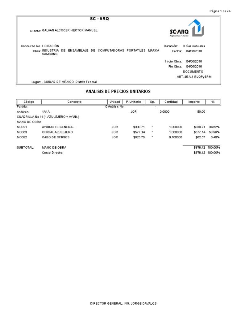 Matriz de Precios Unitarios No.2 | México | Materiales de construcción