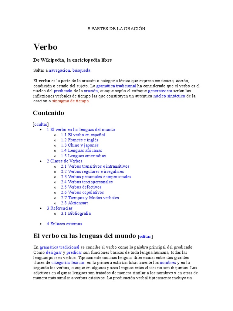 Nueve partes de la oración en español | PDF | Reglas | Verbo