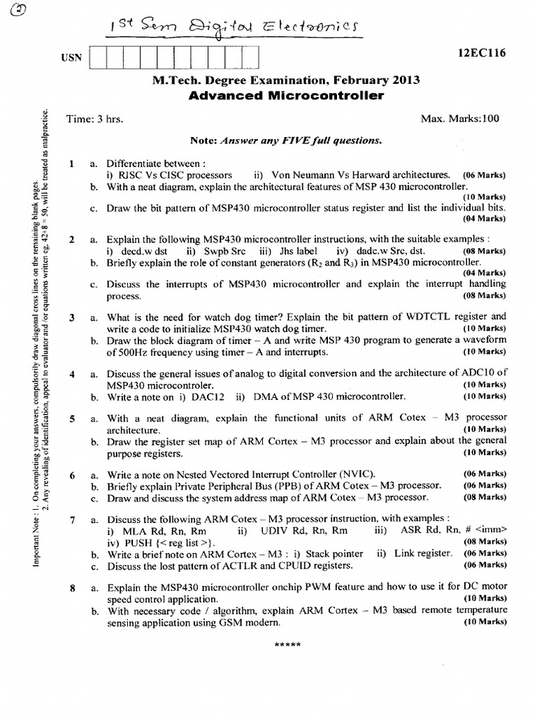 VTU Mtech Advanced Embedded Systems Question Papers Feb 2013-12 | PDF