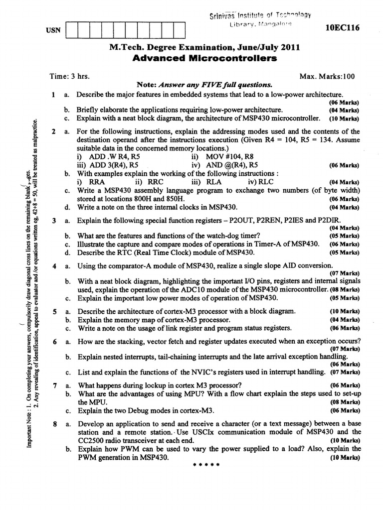VTU Mtech Advanced Embedded Systems Question Papers June-July 2011-10 | PDF