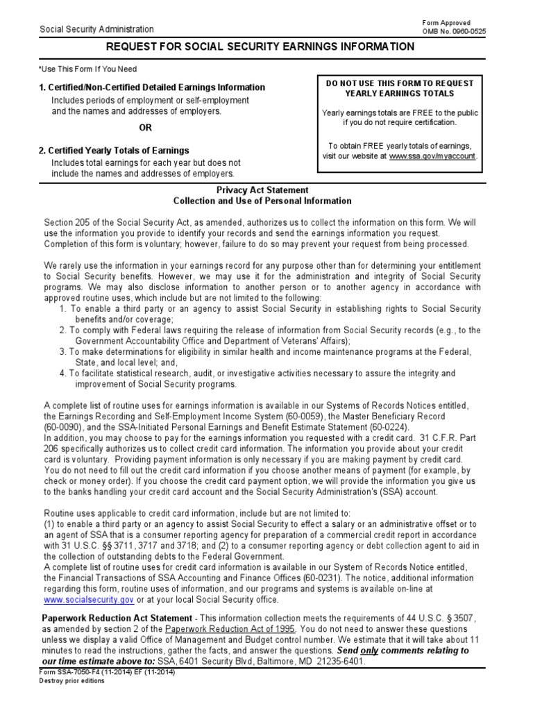 SSA-7050-F4: Earnings Information Request | PDF | Social Security ...