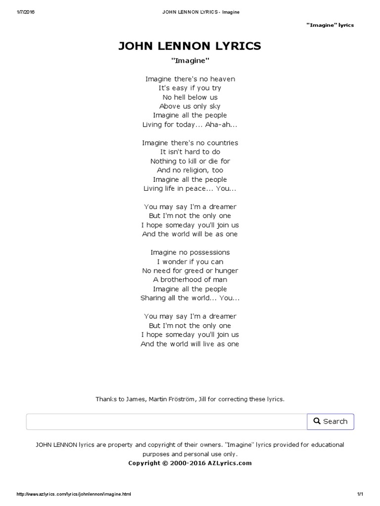 John Lennon Lyrics - Imagine | PDF