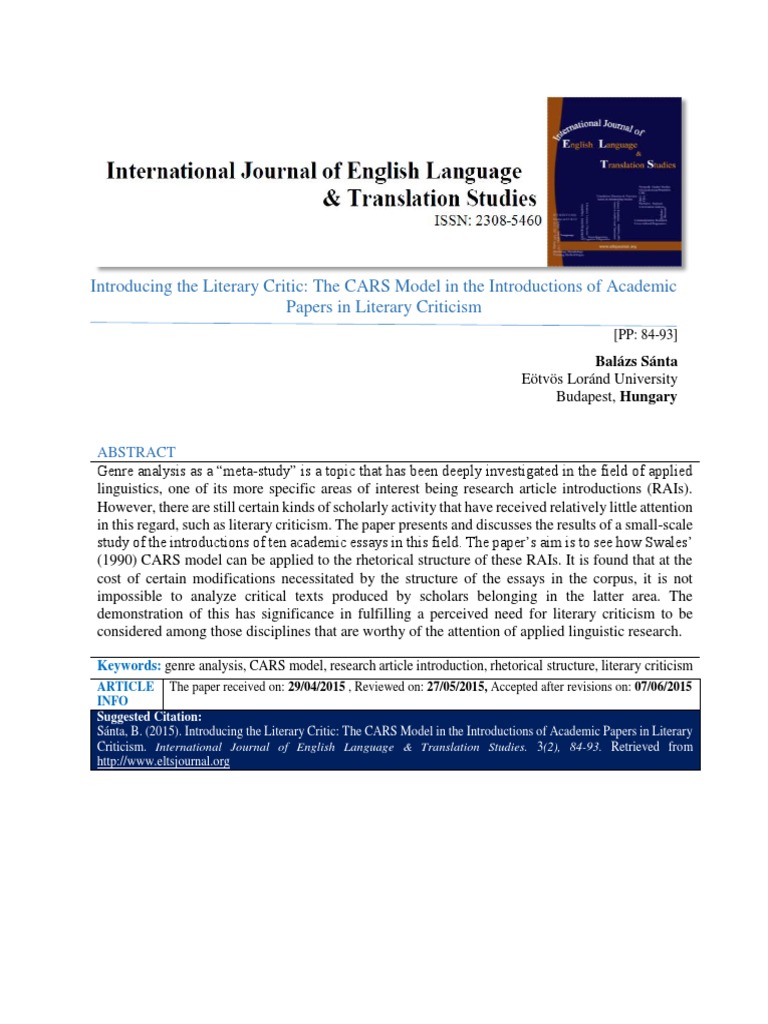 Introducing The Literary Critic The CARS Model in The Introductions of ...