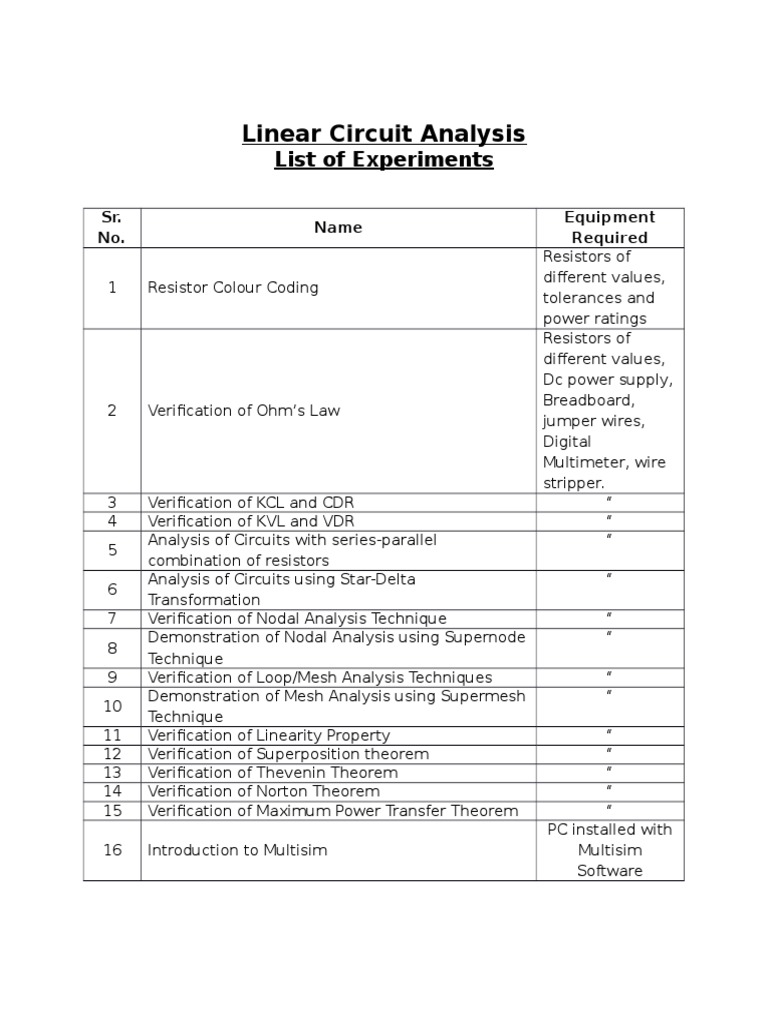List of Experiments Linear Circuit Analysis | PDF List of Experiments Linear Circuit Analysis | PDF