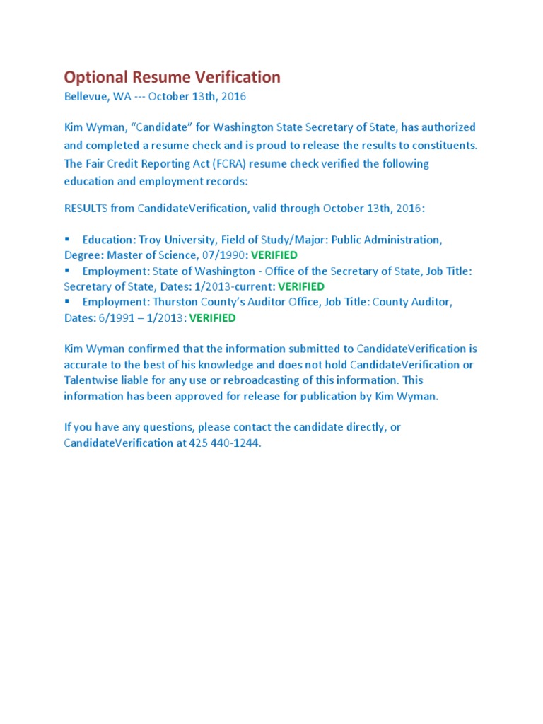Optional Resume Verification: Verified Verified Verified | PDF