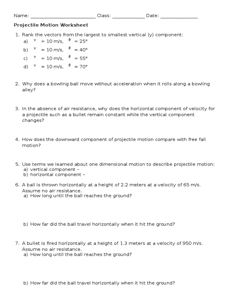 Projectile Motion Worksheet and Problems | PDF