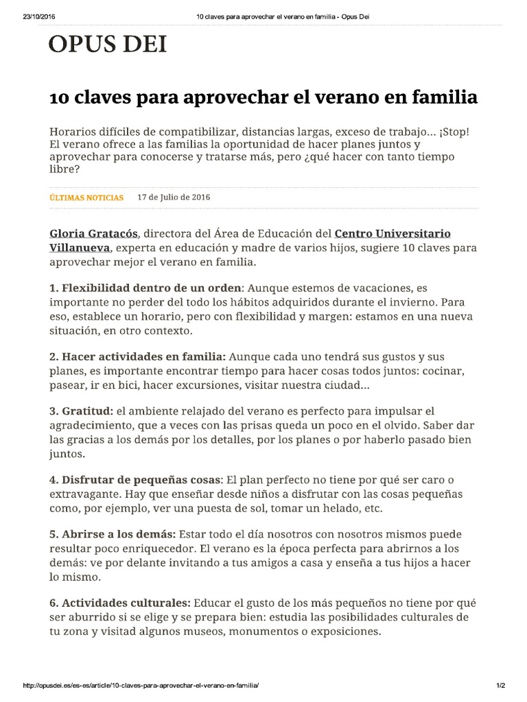10 Claves para Aprovechar El Verano en Familia - Opus Dei | PDF
