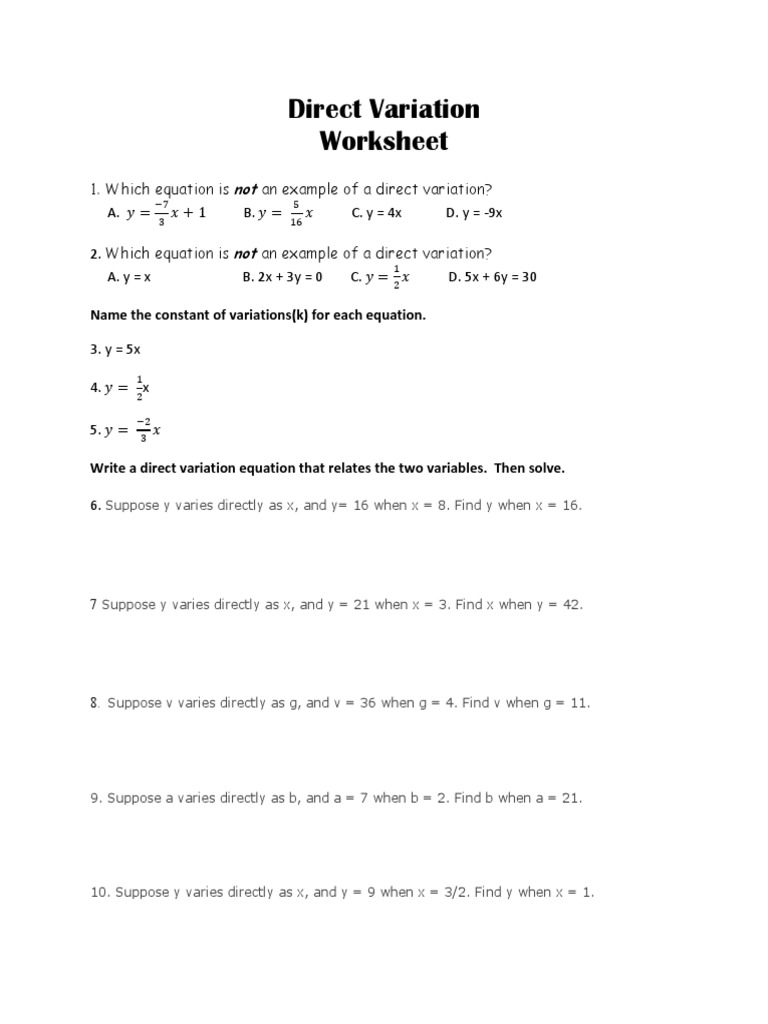 Direct Variation Worksheets | PDF