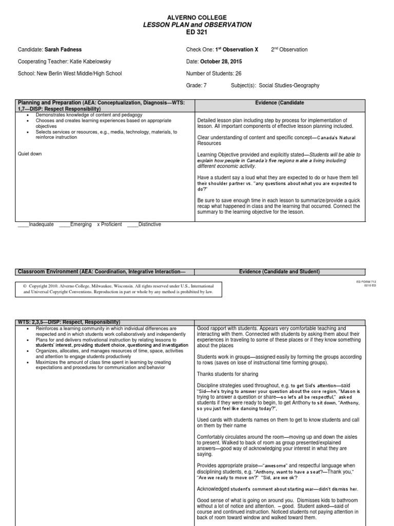 Lesson Plan and Observation: Alverno College | PDF | Lesson Plan | Teaching
