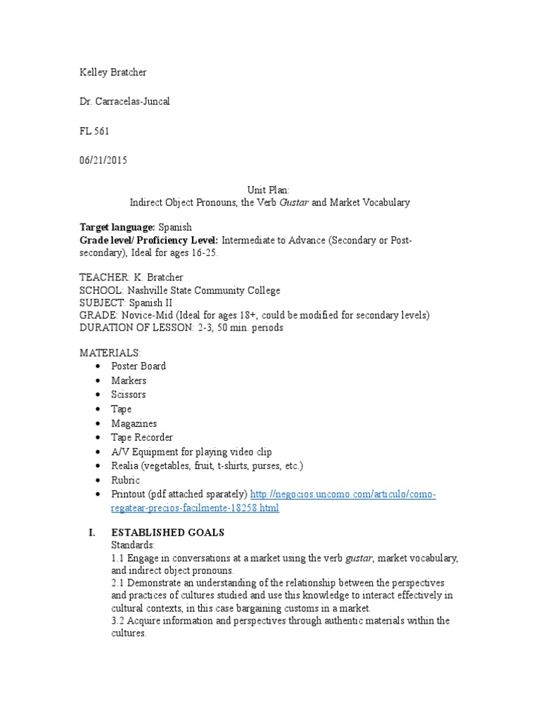 Target Language: Spanish Grade Level/ Proficiency Level: Intermediate ...