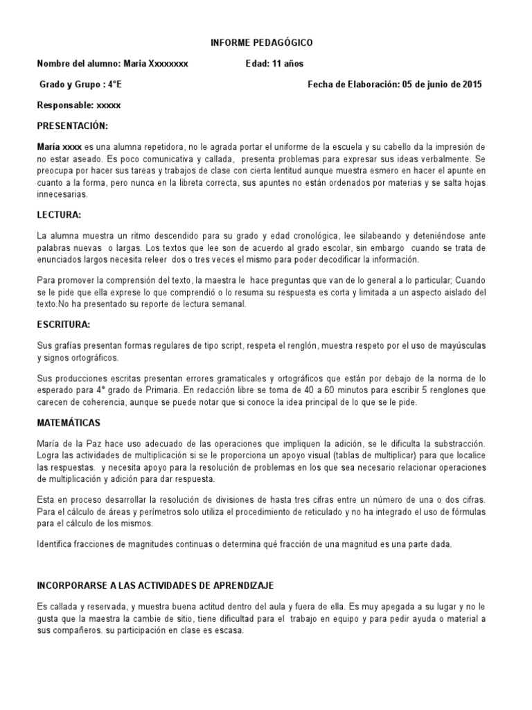 Informe Pedagógico | PDF | Lectura (proceso) | Multiplicación