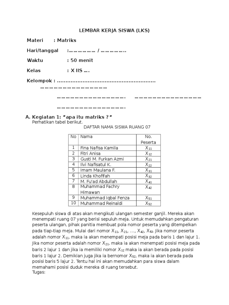 LEMBAR KERJA SISWA LKS Materi Matriks | PDF