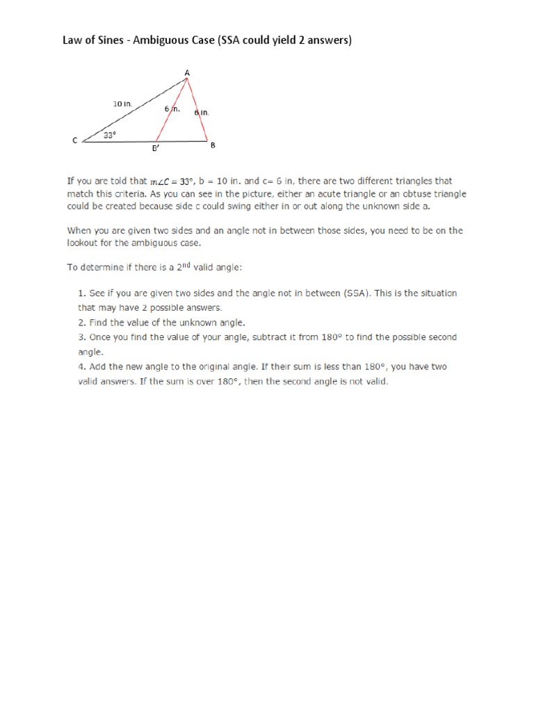 Law of Sines - Ambiguous Case (SSA Could Yield 2 Answers) | PDF