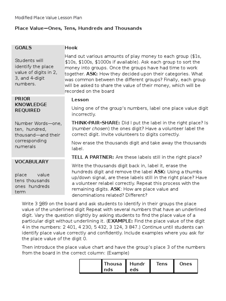 Place Value Lesson Plan | PDF | Numbers | Dice