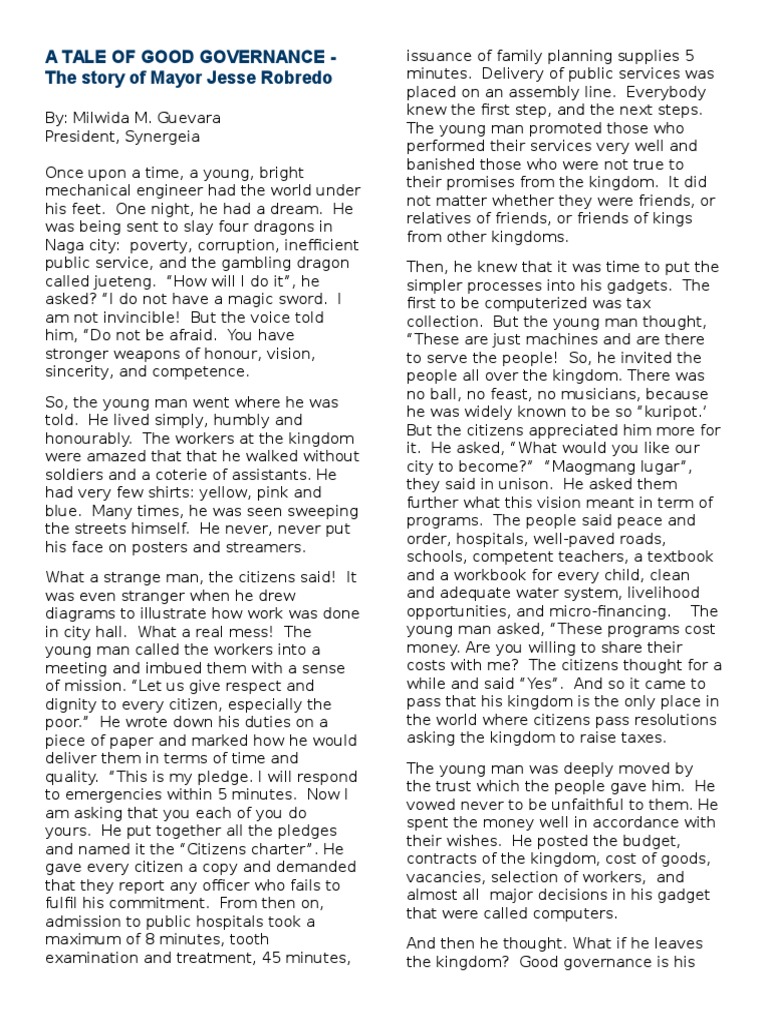 A Tale of Good Governance - The Story of Mayor Jesse Robredo | PDF ...