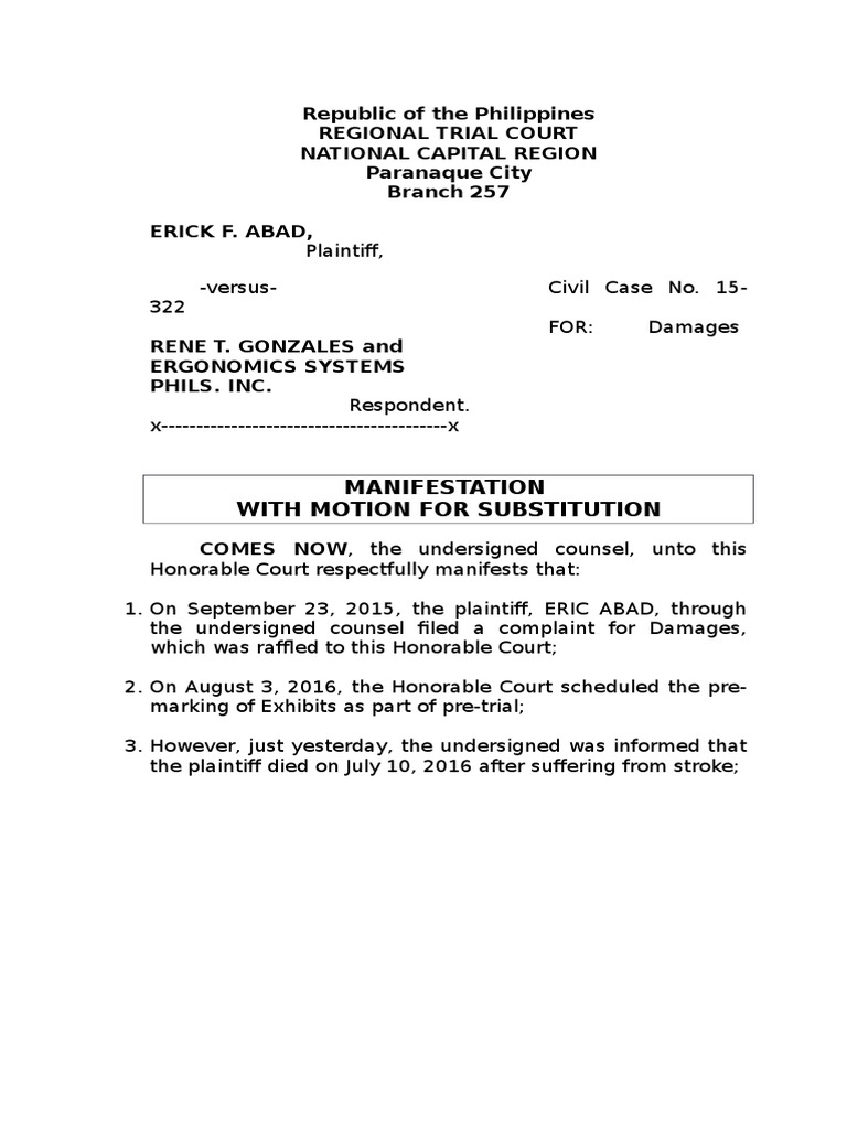 Manifestation with Motion for Sub.docx | Lawsuit | United States Law