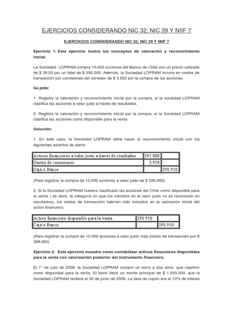 Ejercicios Considerando Nic 32, Nic 39 Y Niif 7
