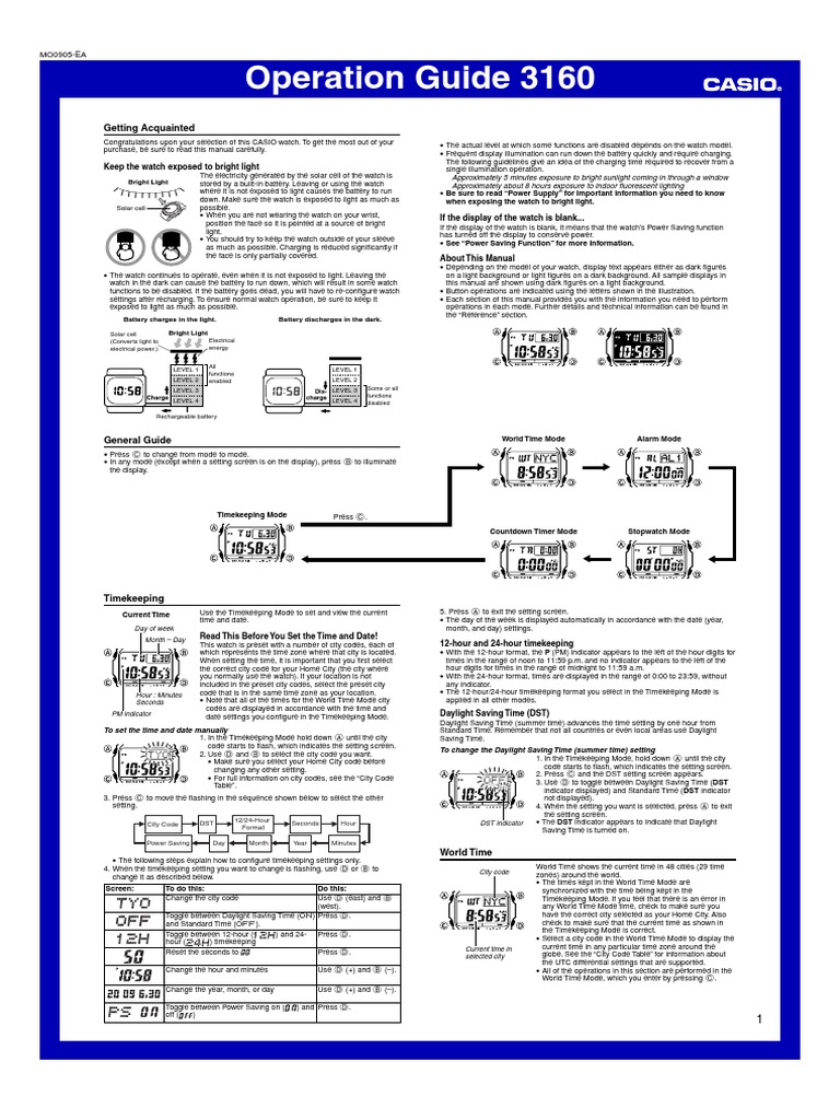 Casio Watch Operation Guide 3160 | PDF | Watch | Daylight Saving Time