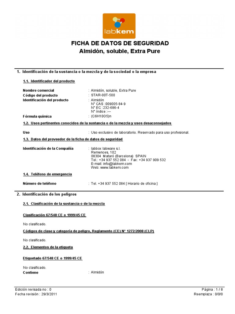 Ficha Seguridad: Almidón Soluble | PDF | Primeros auxilios | Toxicidad