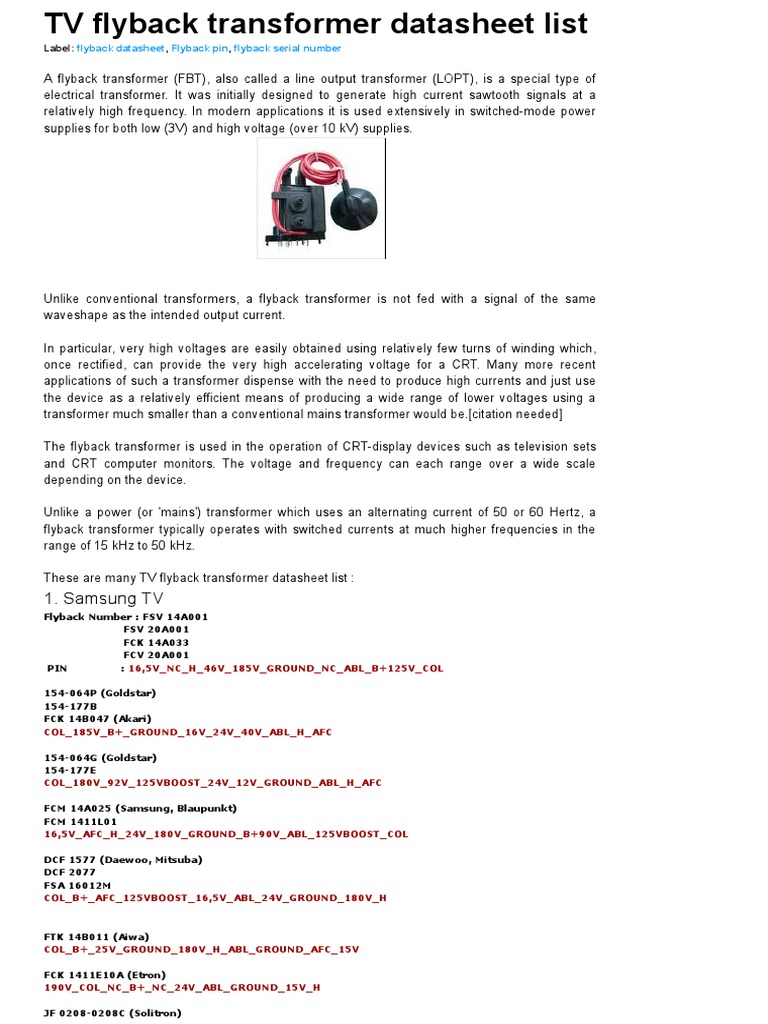 A Comprehensive List of TV Flyback Transformer Datasheets Including ...