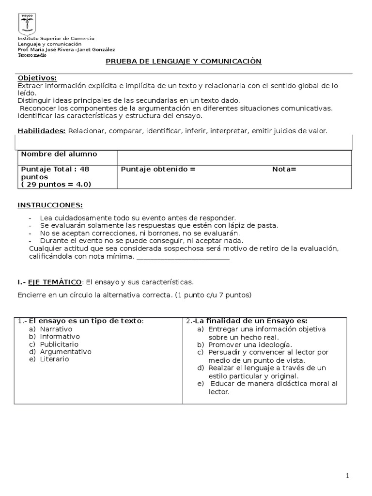 PRUEBA EL ENSAYO 3°MEDIO | Ensayos | Amor