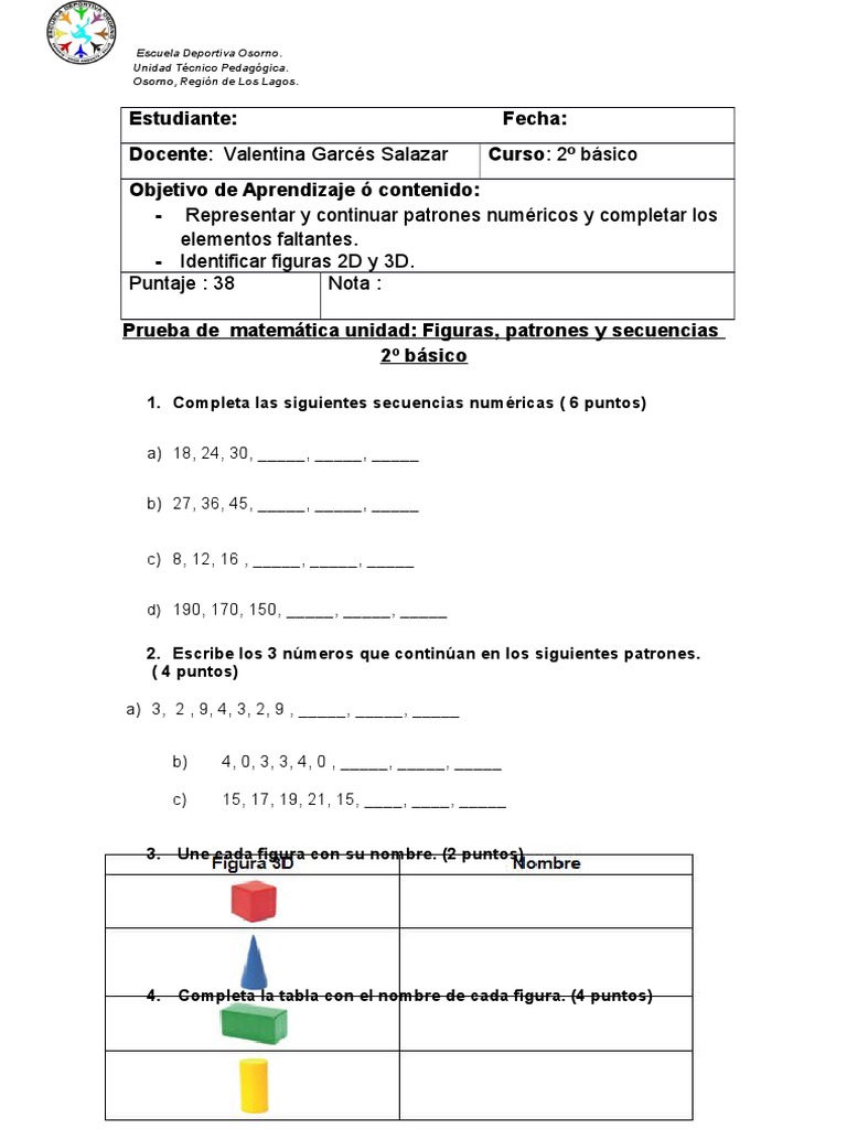 Prueba de Matemáticas 2º Básico: Figuras y Patrones | PDF | Crecimiento ...