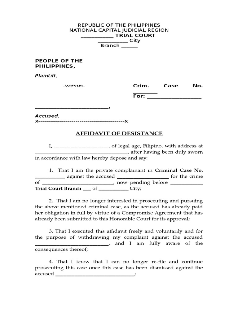 Affidavit of Desistance Template | PDF | Law