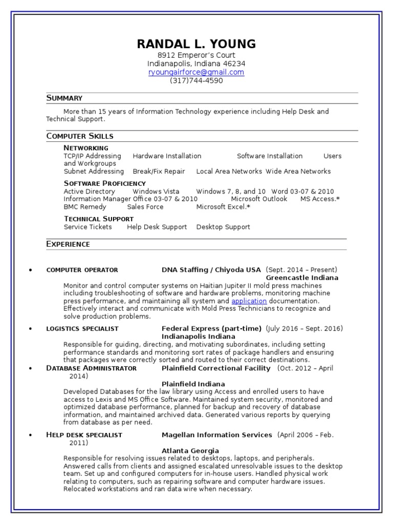 Randal L. Young: 8912 Emperor's Court Indianapolis, Indiana 46234 (317 ...