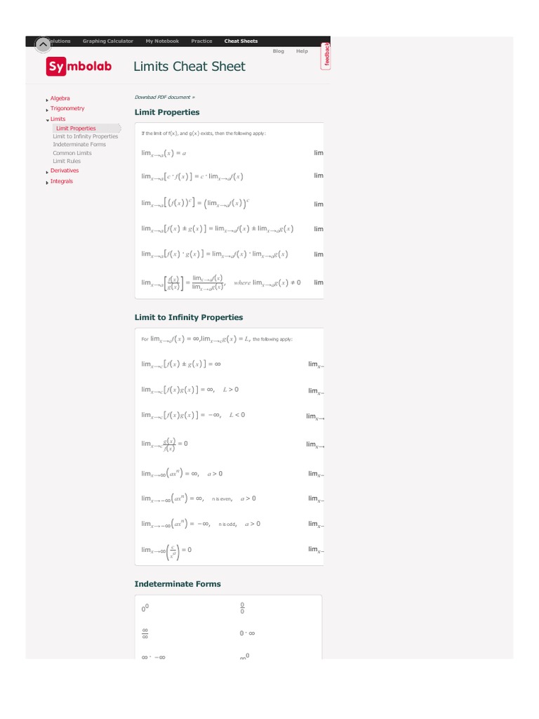 Limits Cheat Sheet: Limit Properties | PDF | Teaching Methods & Materials