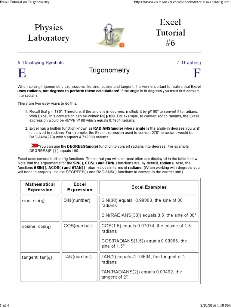 Excel Tutorial On Trigonometry | PDF | Trigonometric Functions | Trigonometry