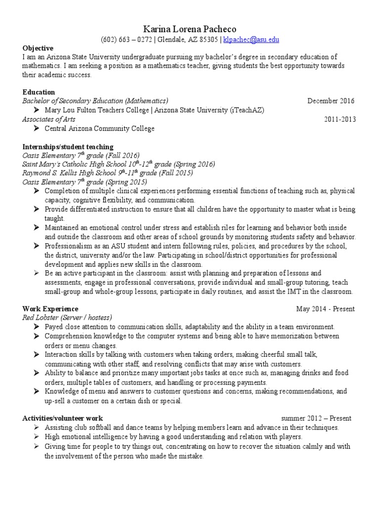 Final Resume | PDF | Arizona State University | Teachers