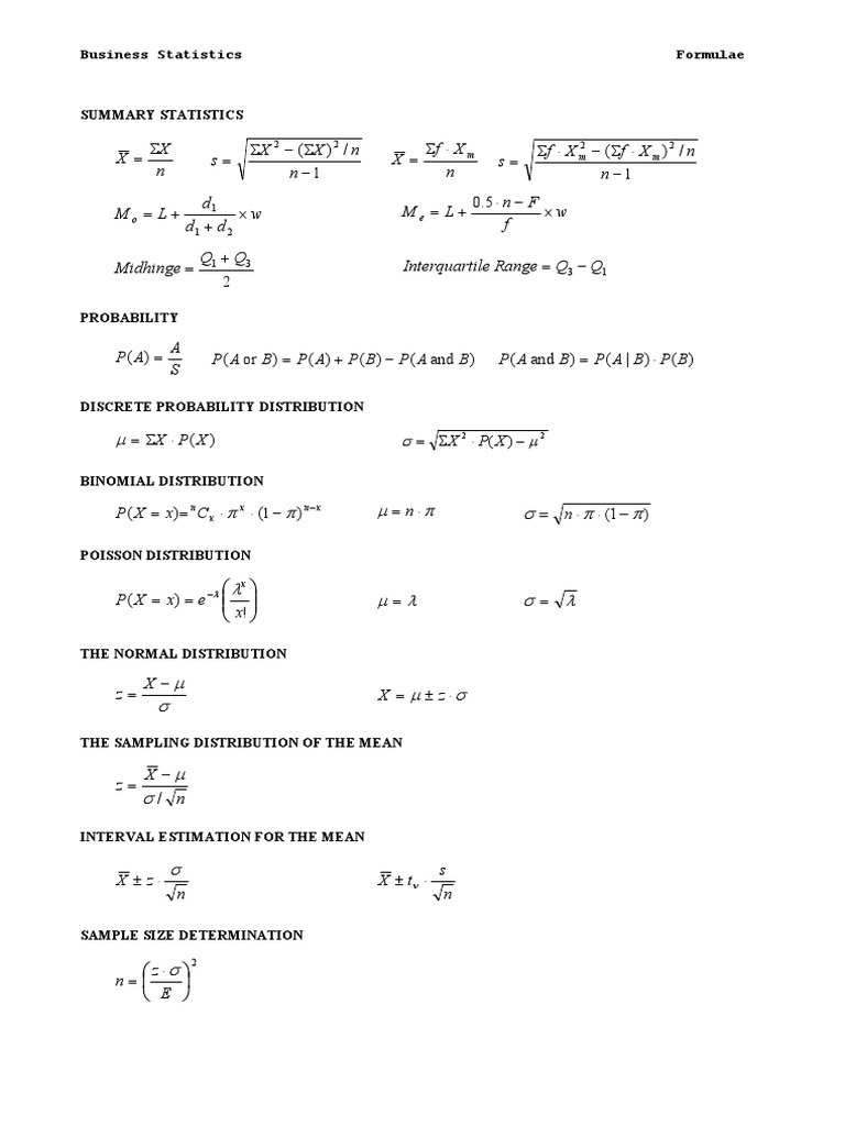 Business Statistics Formulas Guide | PDF