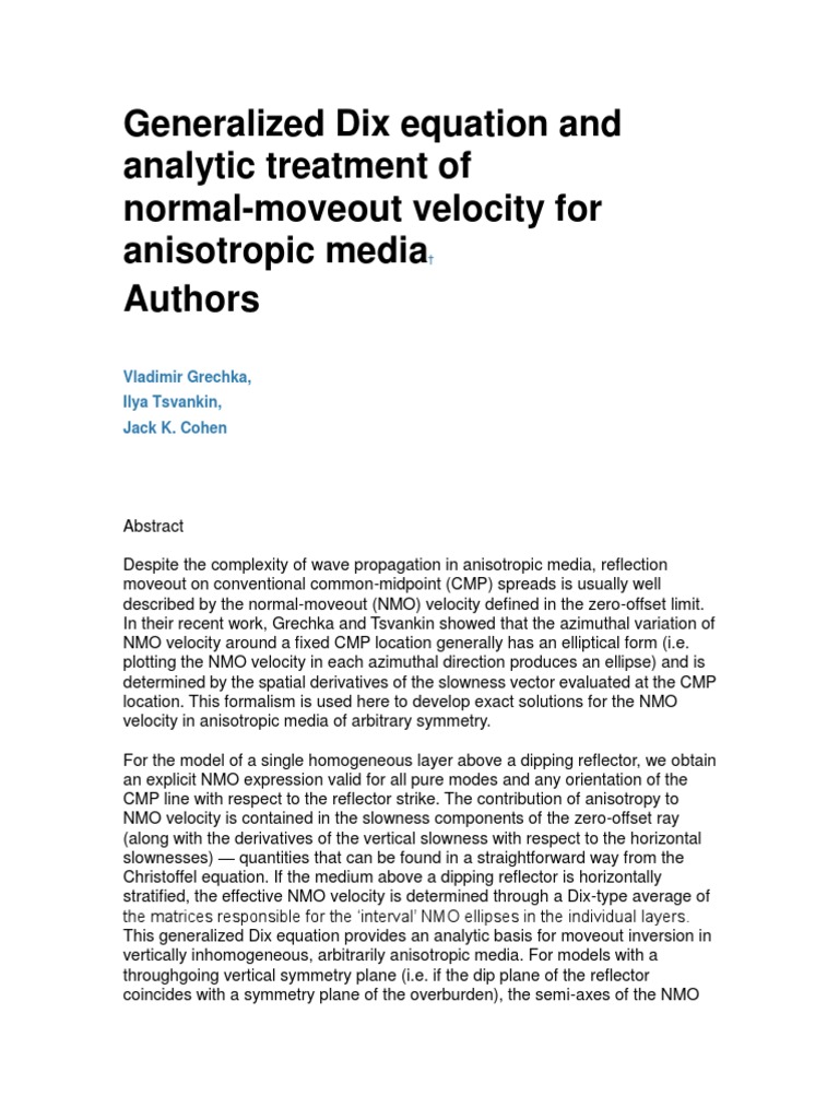 Generalized Dix Equation and Analytic Treatment of | PDF | Ellipse ...