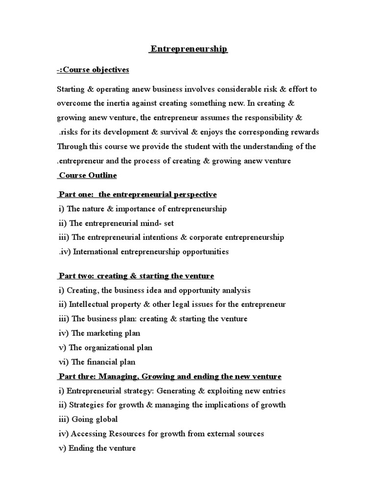 Entrepreneurship: Course Objectives | PDF