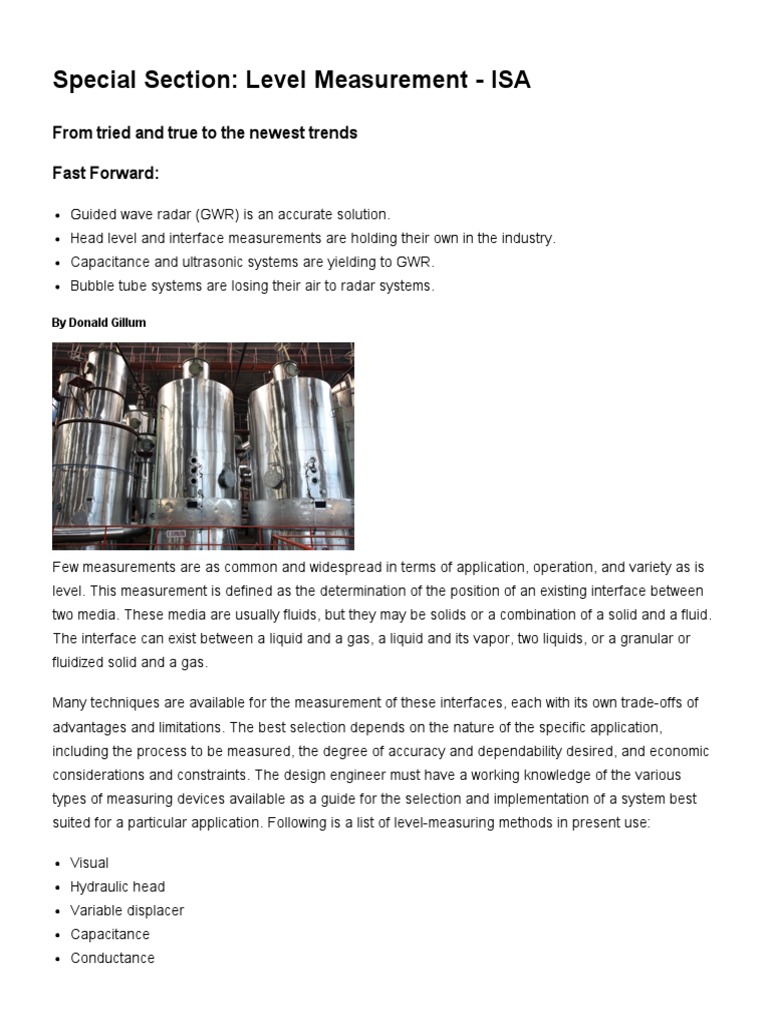 Special Section - Level Measurement - IsA | PDF | Buoyancy | Radar