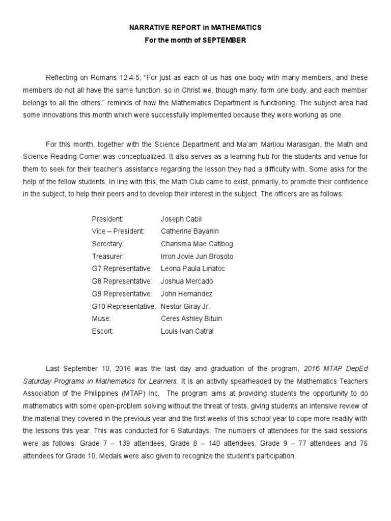 Narrative Report in Mathematics September | Physics & Mathematics ...