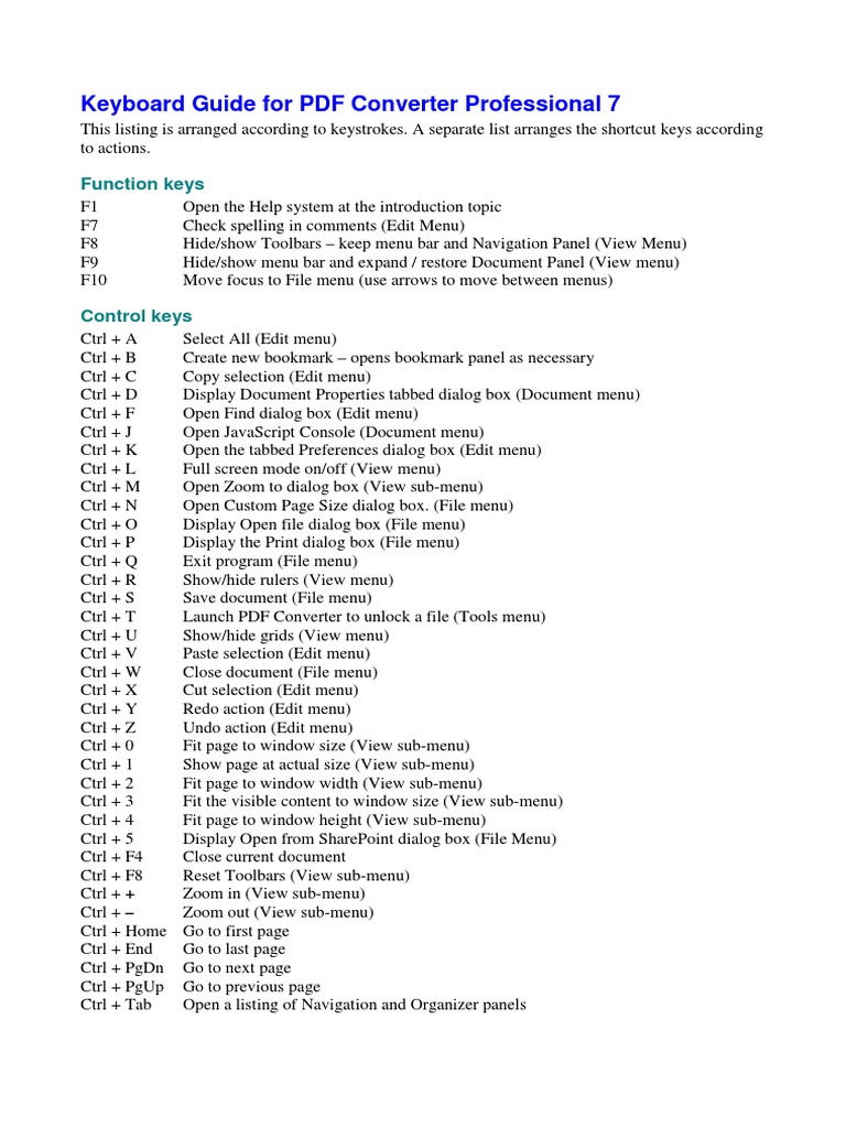 Keyboard Guide For PDF Converter Professional 7: Function Keys | PDF ...