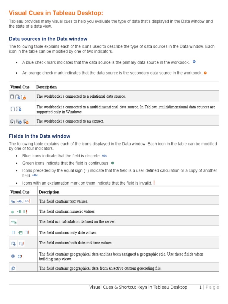 Visual Cues in Tableau Desktop | PDF | Icon (Computing) | Keyboard Shortcut
