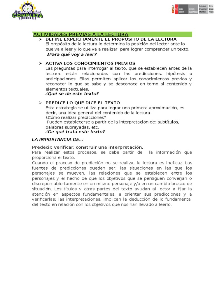 Actividades Previas A La Lectura | PDF | Cognición | Ciencia cognitiva