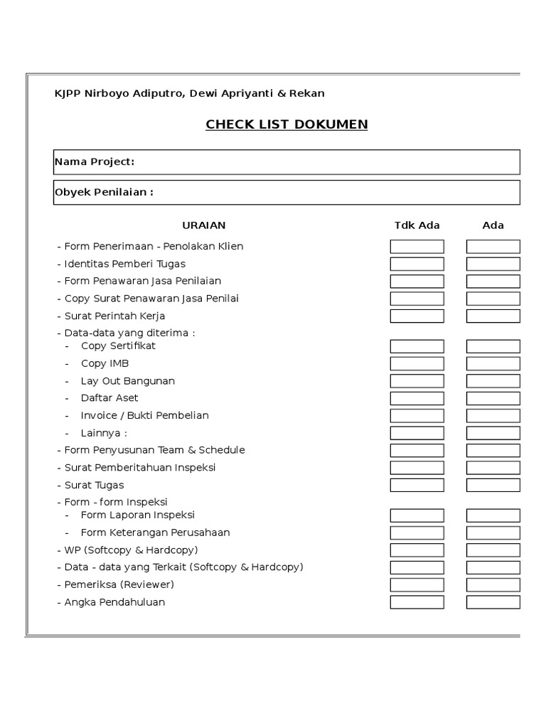 Form Ceklist Dokumen | PDF | Pengelolaan Keuangan & Uang | Bisnis