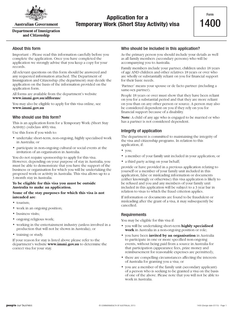 Form 1400 - Temporary Work (Short Stay Activity) Visa (Subclass 400 ...