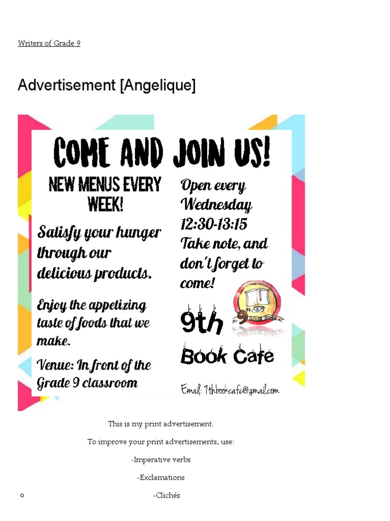 Advertisement (Angelique) - Writers of Grade 9 | PDF