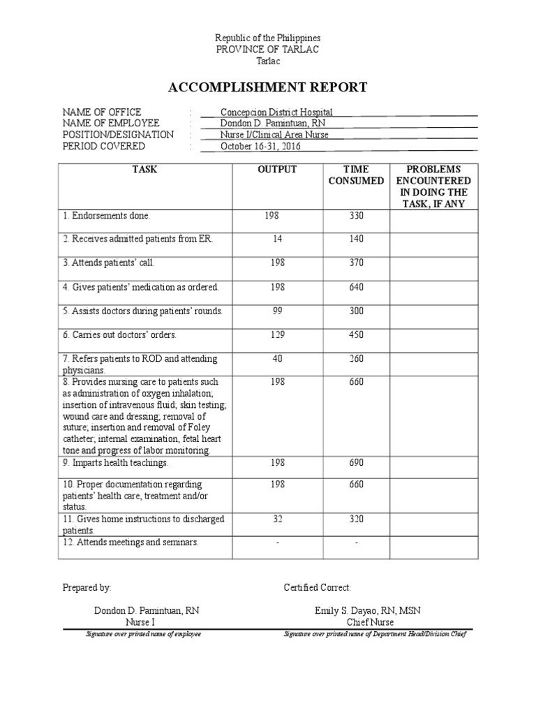Accomplishment Report: Task Output Time Consumed Problems Encountered ...