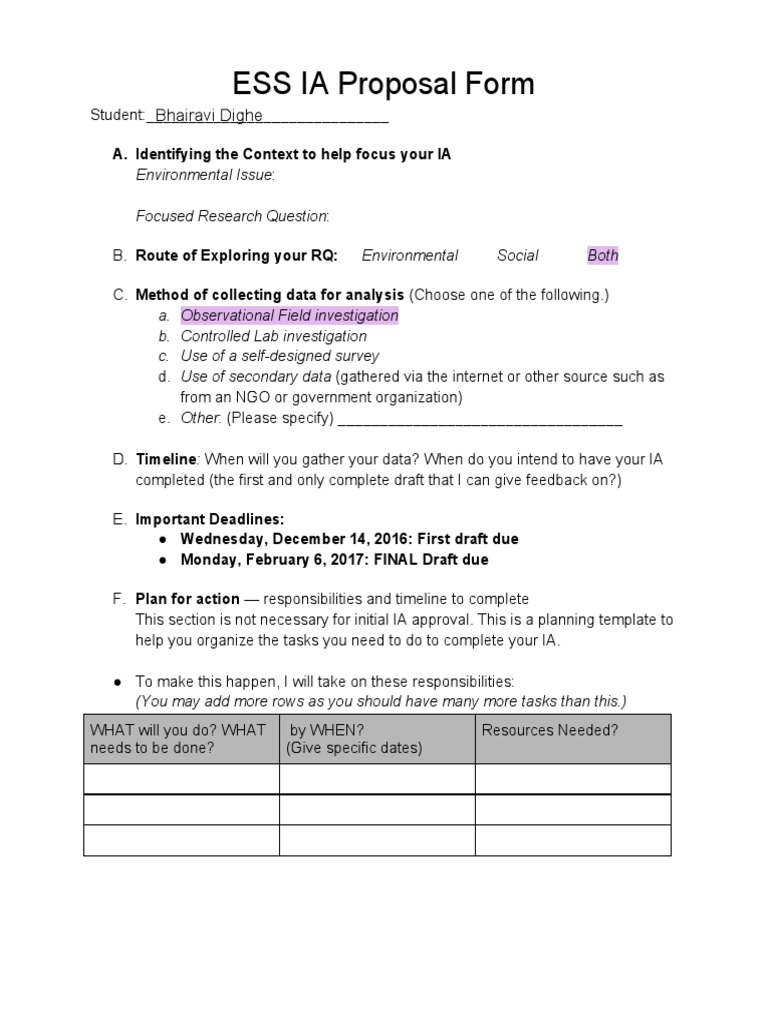 ESS IA Proposal Form: Bhairavi Dighe | PDF