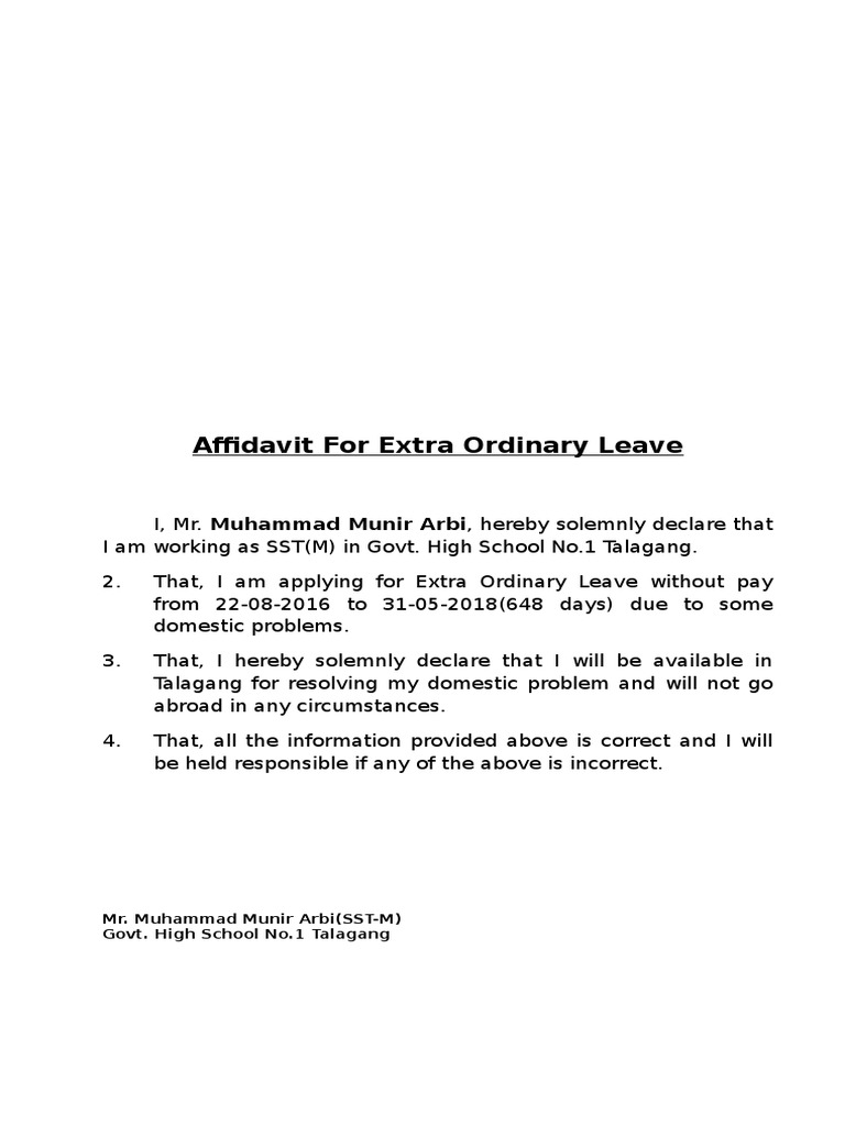Affidavit For Extra Ordinary Leave | PDF