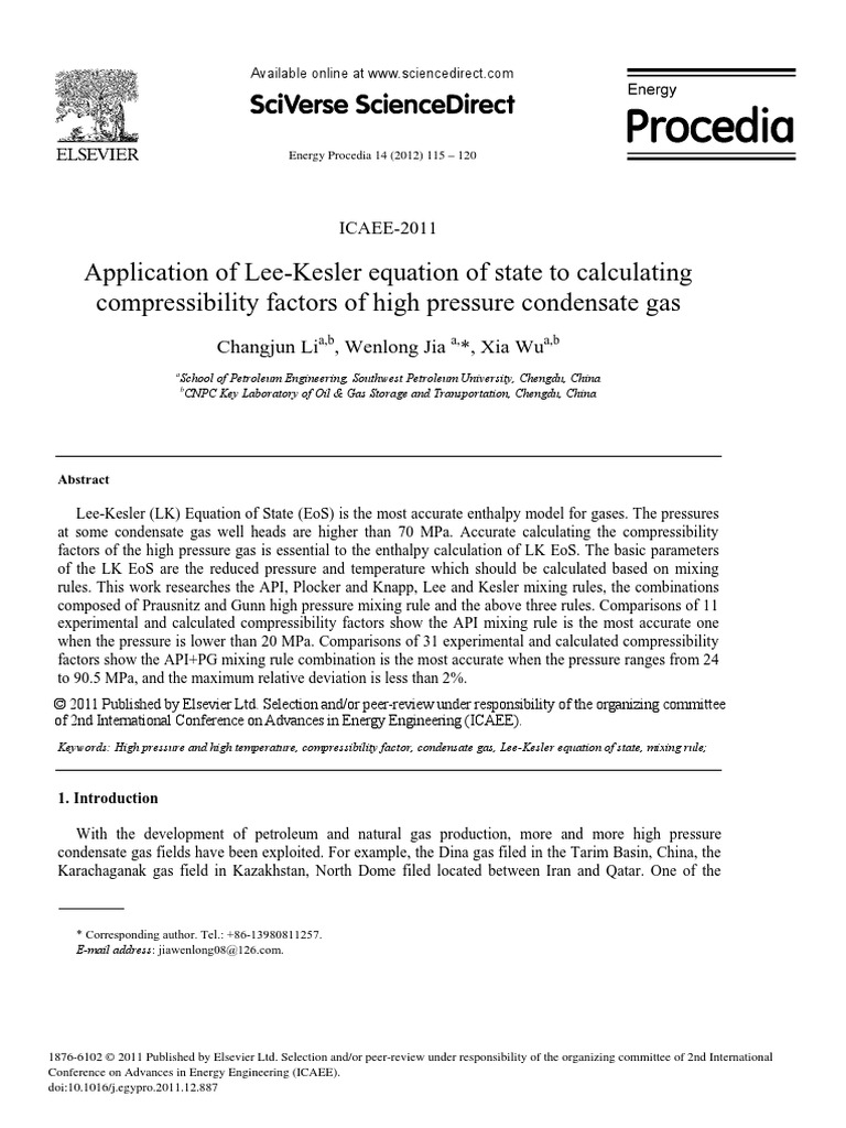 Application of Lee-Kesler equation of state to calculating ...