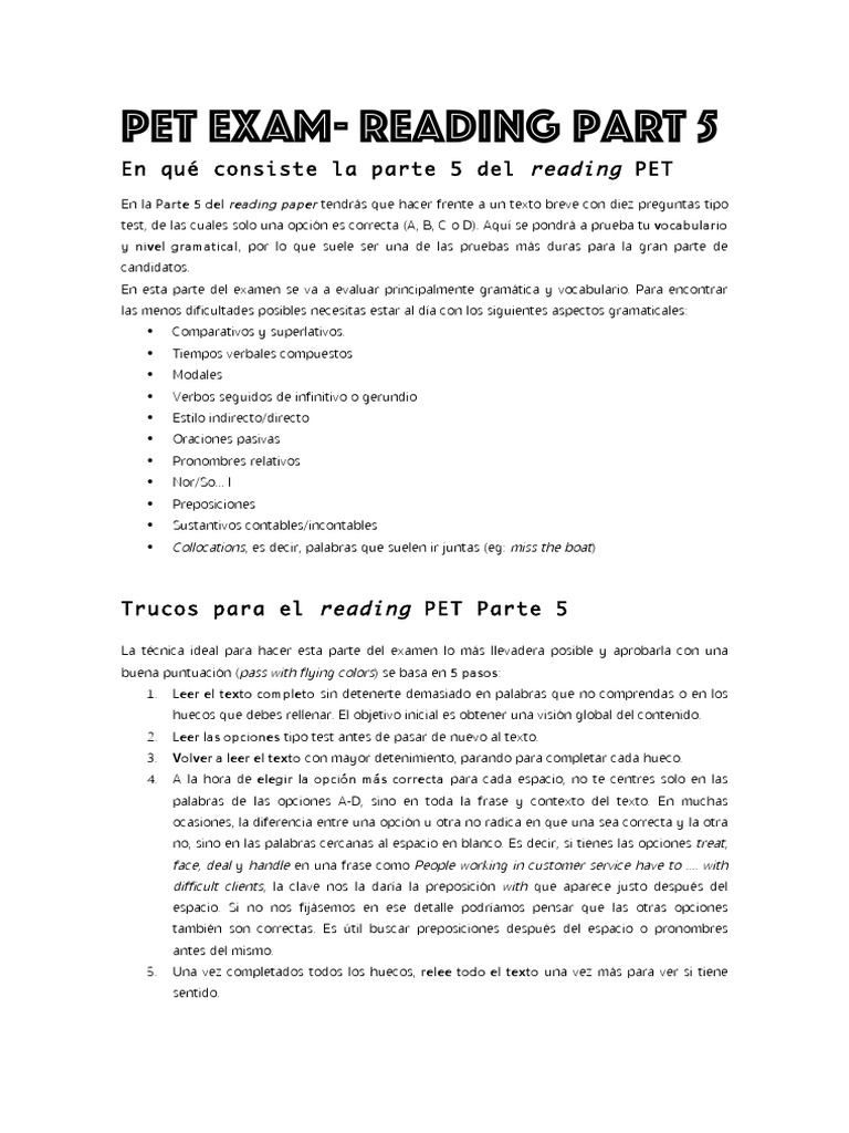 PET EXAM Reading Part 5 | PDF